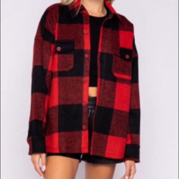 Jackets & Coats | Vintage Red And Black Plaid Shacket Heavy With Side ...